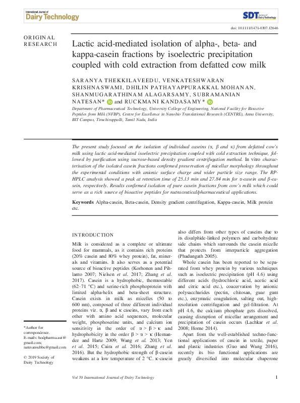 (PDF) Lactic acid‐mediated isolation of alpha‐, beta‐ and kappa‐casein ...