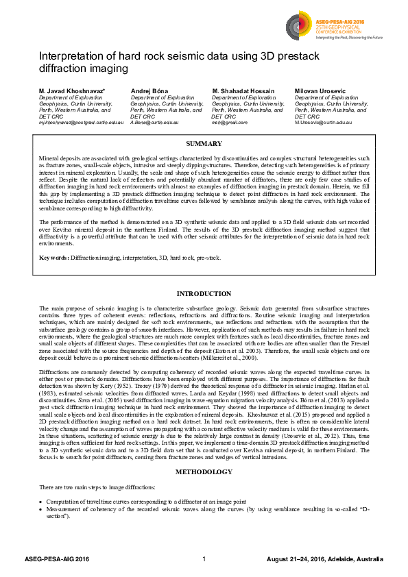 Pdf Interpretation Of Hard Rock Seismic Data Using 3d Prestack Diffraction Imaging