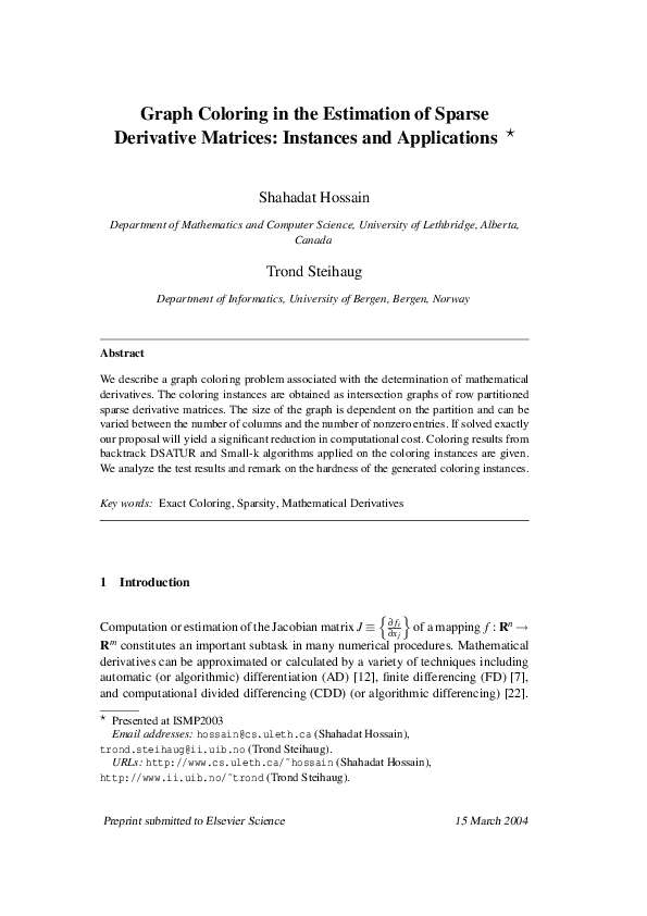 (PDF) Graph coloring in the estimation of sparse derivative matrices: Instances and applications