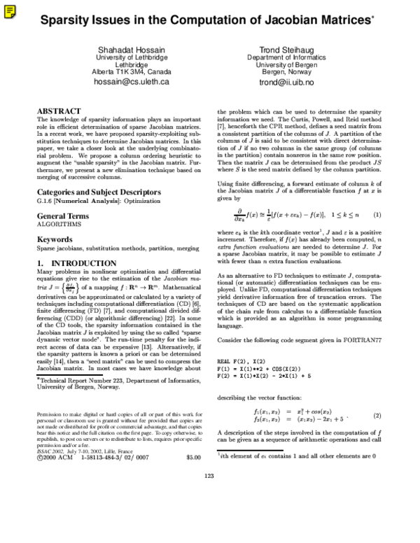 Pdf Sparsity Issues In The Computation Of Jacobian Matrices Shahadat Hossain 