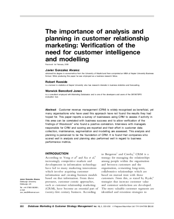 (PDF) The importance of analysis and planning in customer relationship marketing: Verification ...
