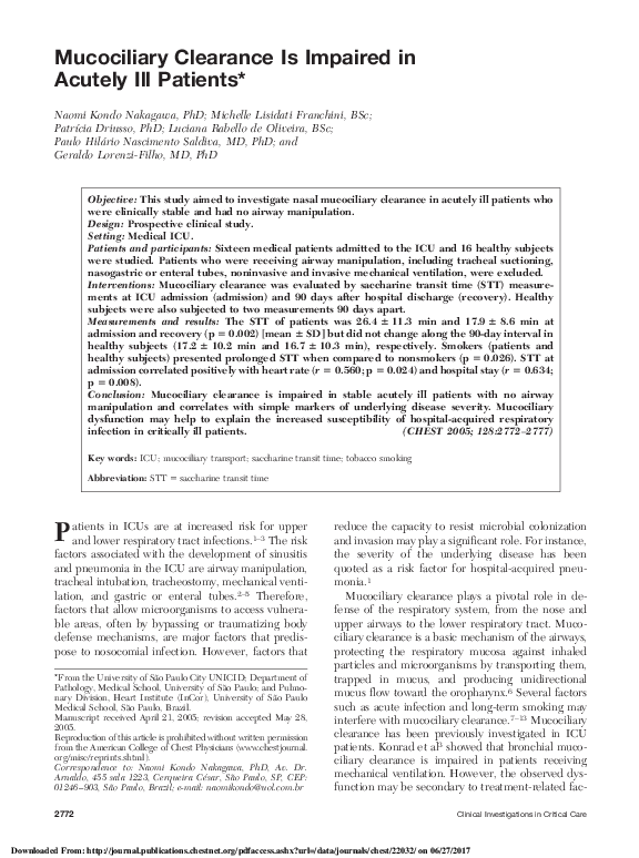 (PDF) Mucociliary Clearance Is Impaired in Acutely Ill Patients