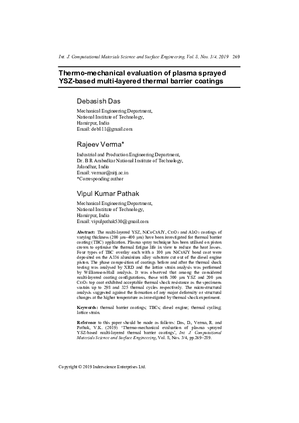(PDF) Thermo-mechanical evaluation of plasma sprayed YSZ-based multi-layered thermal barrier ...