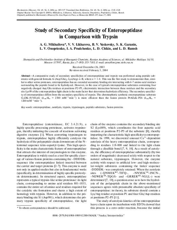 (PDF) Study of Secondary Specificity of Enteropeptidase in Comparison ...