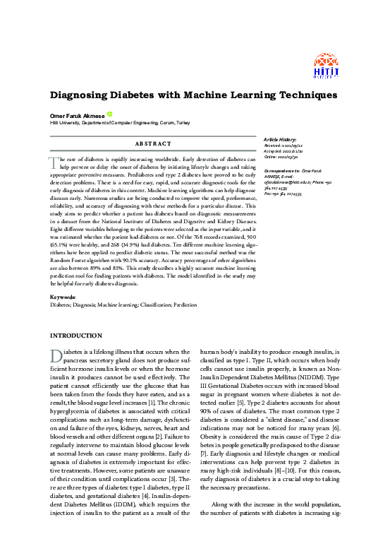 (PDF) Diagnosing Diabetes with Machine Learning Techniques