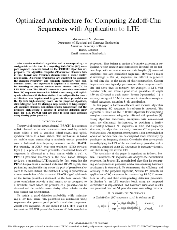 Pdf Optimized Architecture For Computing Zadoff Chu Sequences With Application To Lte