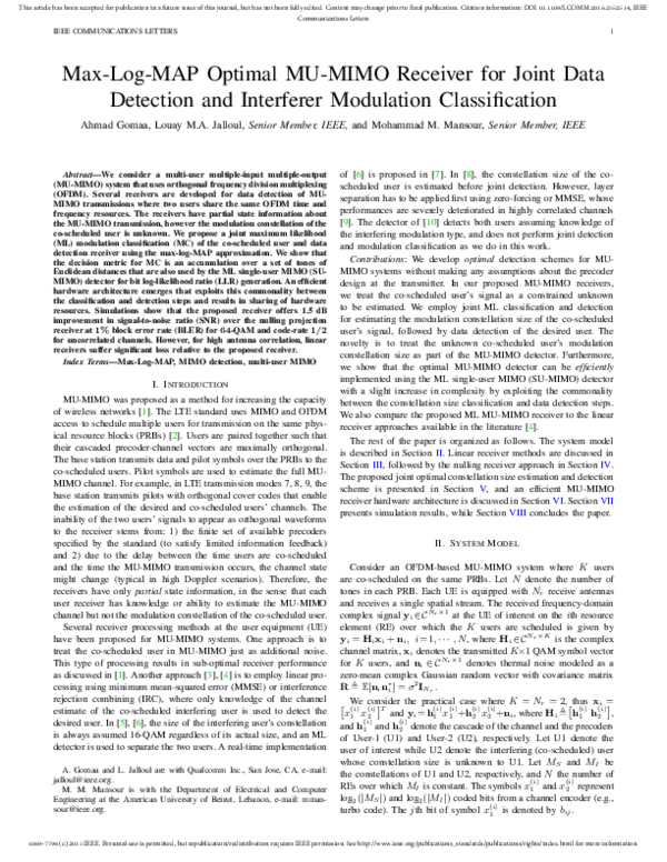 Pdf Max Log Map Optimal Mu Mimo Receiver For Joint Data Detection And Interferer Modulation
