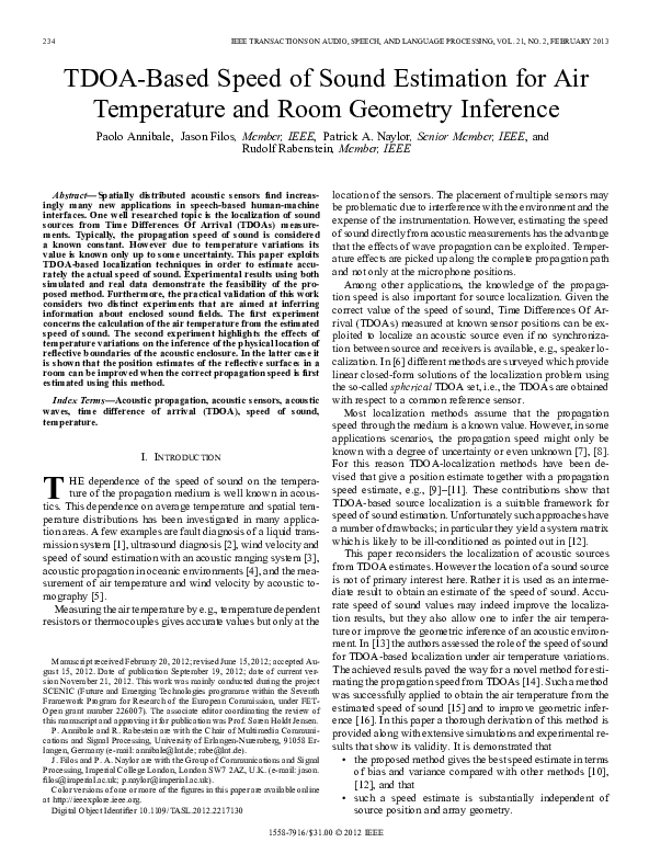 Pdf Tdoa Based Speed Of Sound Estimation For Air Temperature And Room