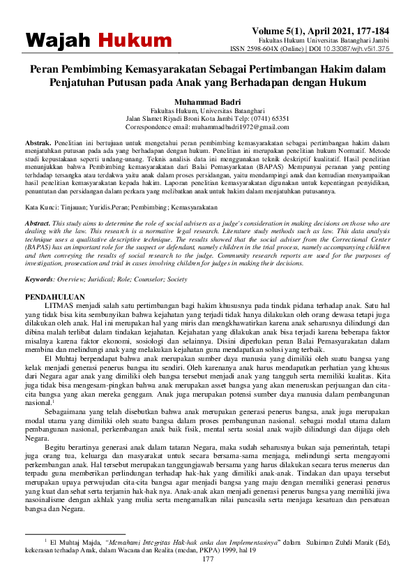 (PDF) Peran Pembimbing Kemasyarakatan Sebagai Pertimbangan Hakim dalam Penjatuhan Putusan pada ...