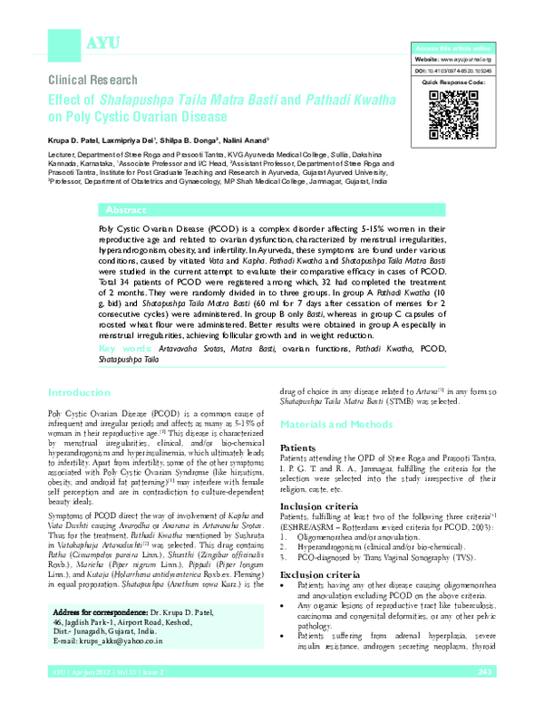 (PDF) Effect of Shatapushpa Taila Matra Basti and Pathadi Kwatha on ...