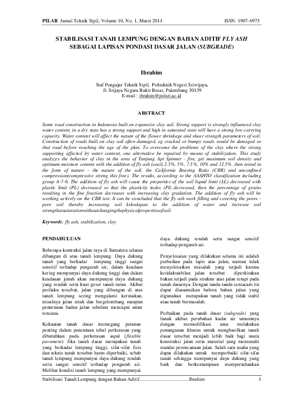 (PDF) Stabilisasi Tanah Lempung Dengan Bahan Aditif Fly Ash Sebagai Lapisan Pondasi Dasar Jalan ...