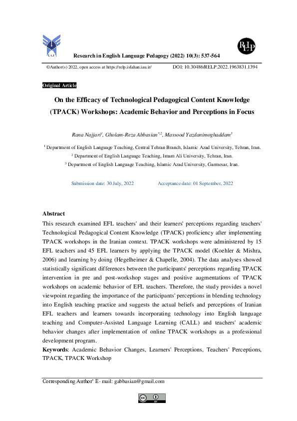 (PDF) On the Efficacy of Technological Pedagogical Content Knowledge (TPACK) Workshops: Academic ...