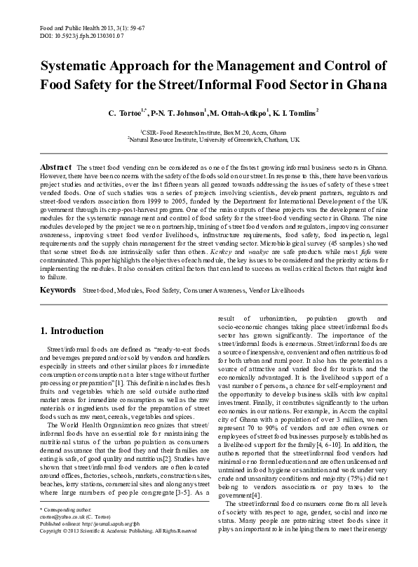 (PDF) Systematic approach for the management and control of food safety for the street/informal ...
