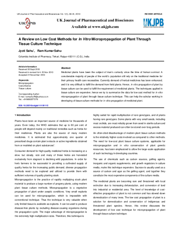 (PDF) A Review on Low Cost Methods for In Vitro Micropropagation of Plant Through Tissue Culture ...