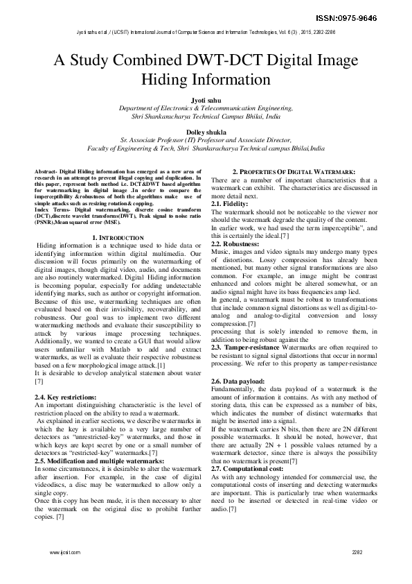 (PDF) A Study Combined DWT-DCT Digital Image Hiding Information
