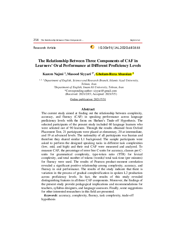(PDF) The Relationship Between Three Components of CAF in Learners' Oral Performance at ...