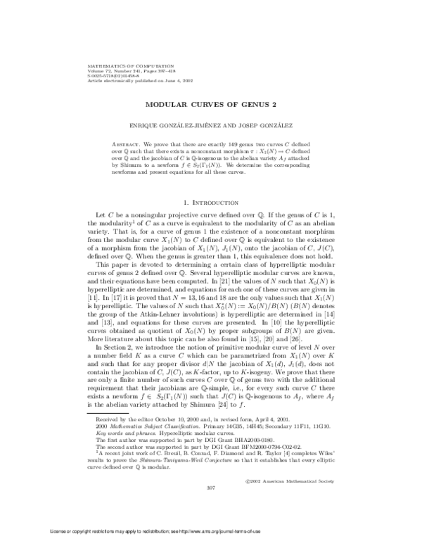 (PDF) Modular curves of genus 2