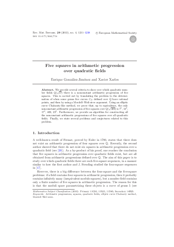 (PDF) Five squares in arithmetic progression over quadratic fields