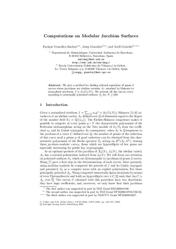 (PDF) Computations on Modular Jacobian Surfaces
