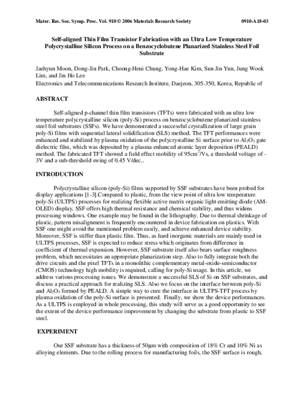 (PDF) Self-aligned Thin Film Transistor Fabrication with an Ultra Low Temperature ...