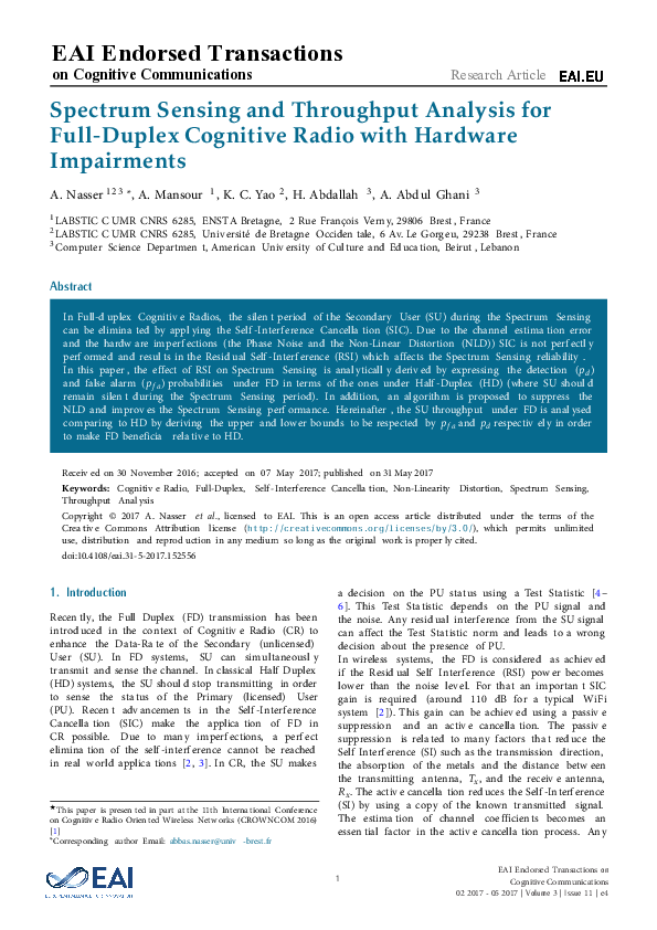 (PDF) Spectrum Sensing and Throughput Analysis for Full-Duplex Cognitive Radio with Hardware ...