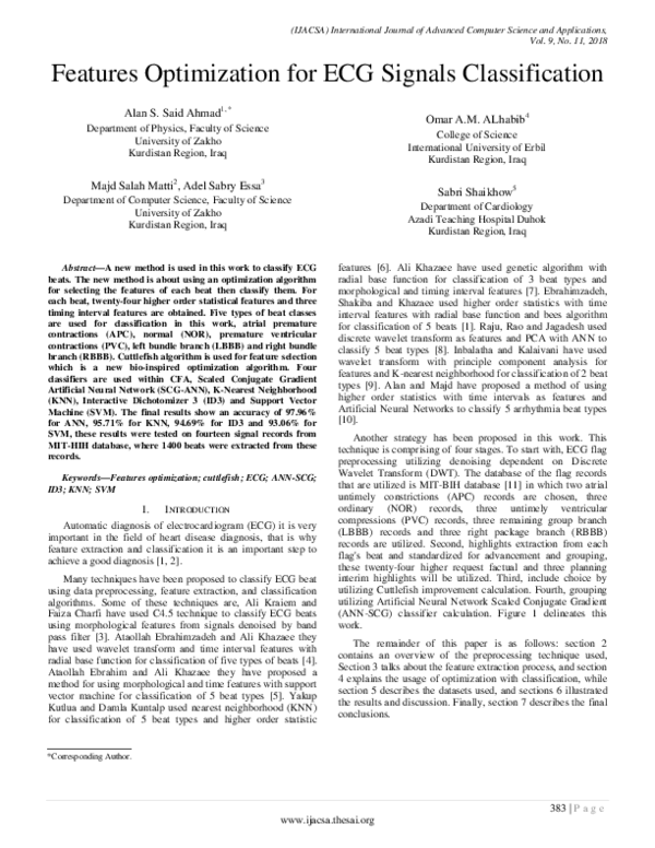 Pdf Features Optimization For Ecg Signals Classification