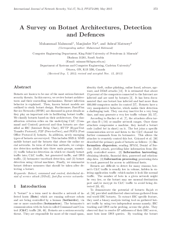 (PDF) A Survey on Botnet Architectures, Detection and Defences