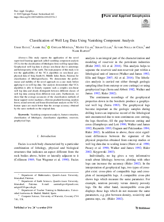 (PDF) Classification of Well Log Data Using Vanishing Component Analysis