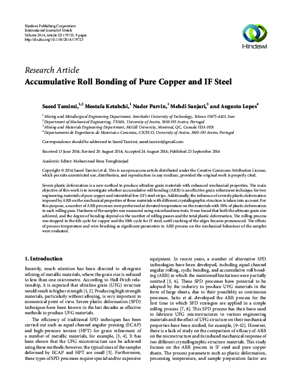 (PDF) Accumulative Roll Bonding of Pure Copper and IF Steel