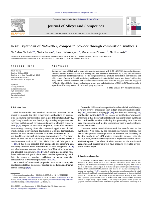 (PDF) In situ synthesis of NiAl–NbB2 composite powder through combustion synthesis