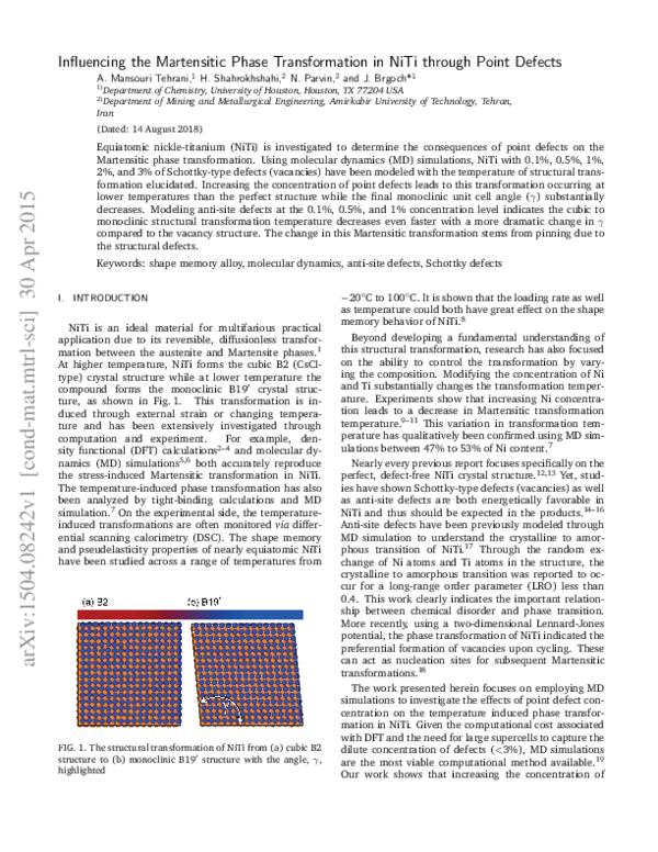 Pdf Influencing The Martensitic Phase Transformation In Niti Through Point Defects