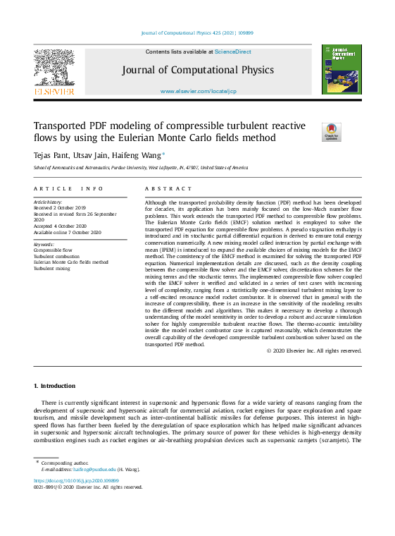 (PDF) Transported PDF modeling of compressible turbulent reactive flows by using the Eulerian ...