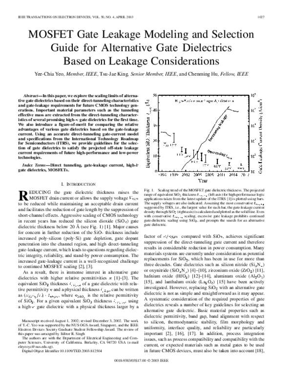 Pdf Mosfet Gate Leakage Modeling And Selection Guide For Alternative