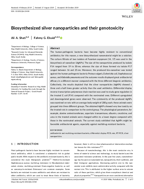 (PDF) Biosynthesized silver nanoparticles and their genotoxicity