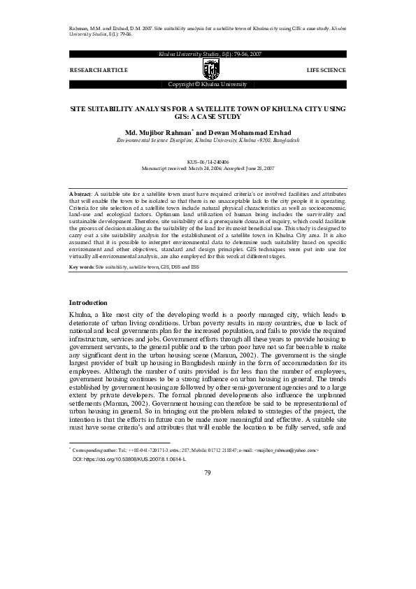 (PDF) Site Suitability Analysis for a Satellite Town of Khulna City ...