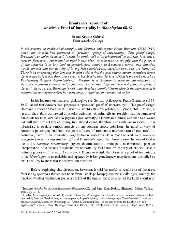 (PDF) Brentano's Account of Anselm's Proof of Immortality in Monologion ...