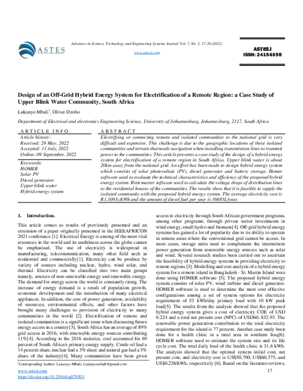 Pdf Design Of An Off Grid Hybrid Energy System For Electrification Of