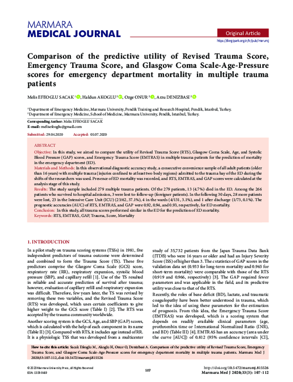 (PDF) Comparison of the predictive utility of Revised Trauma Score ...