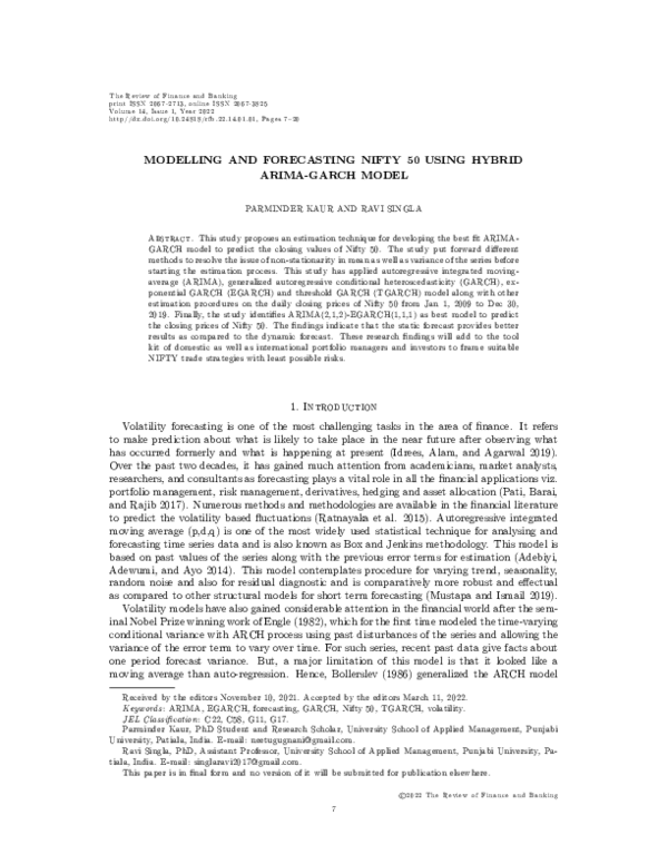 (PDF) Modelling and forecasting Nifty 50 using hybrid ARIMA-GARCH Model