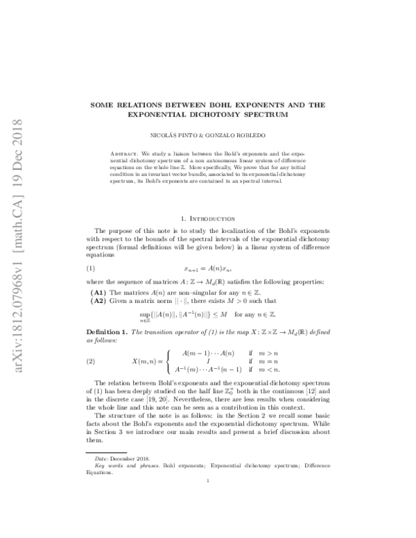 (PDF) Some relations between Bohl exponents and the exponential dichotomy spectrum | gonzalo ...
