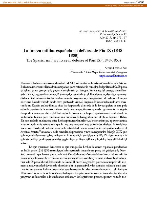 (PDF) La fuerza militar española en defensa de Pío IX (1848- 1850)