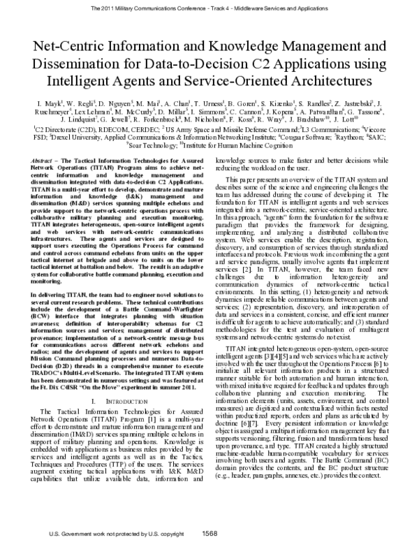 (PDF) Net-centric information and knowledge management and dissemination for data-to-decision C2 ...