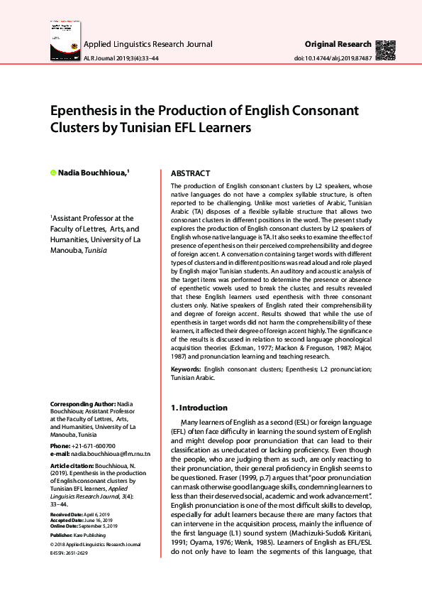 (PDF) Epenthesis in the production of English consonant clusters by ...