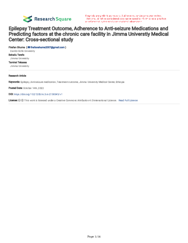 Pdf Epilepsy Treatment Outcome Adherence To Anti Seizure Medications And Predicting Factors
