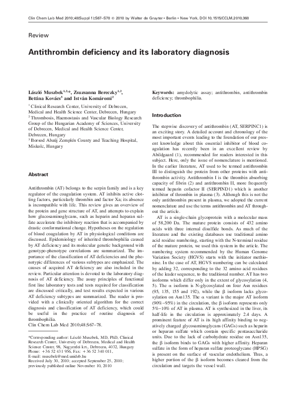 (PDF) Antithrombin deficiency and its laboratory diagnosis
