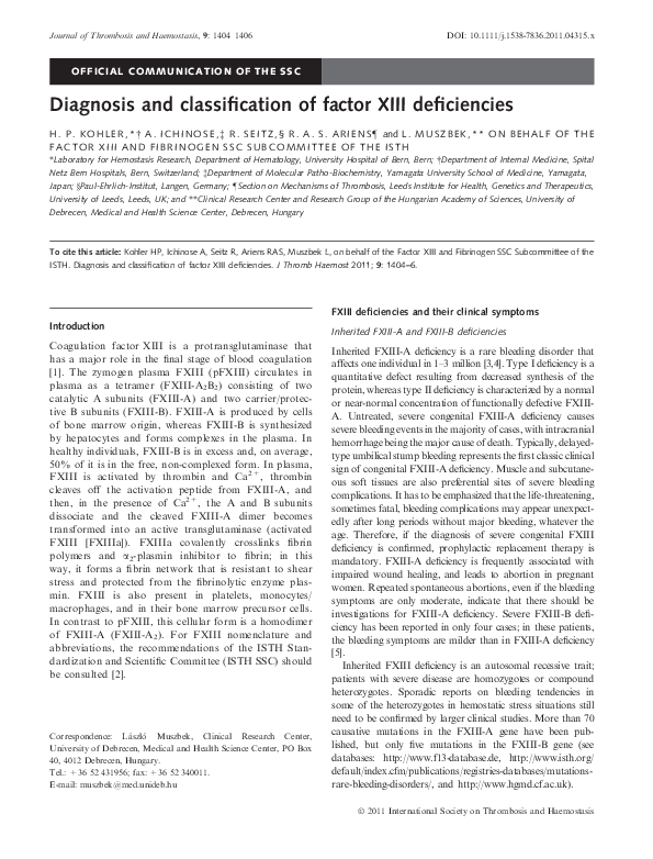 (PDF) Diagnosis and classification of factor XIII deficiencies