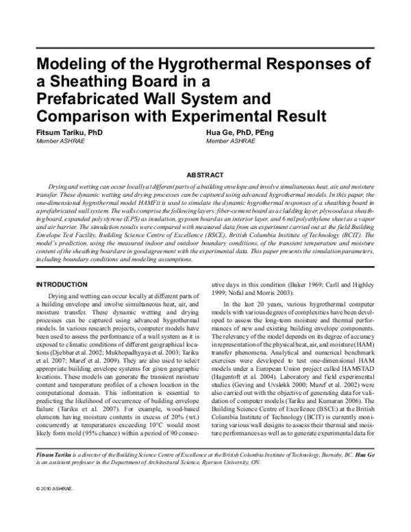(PDF) Modeling of the Hygrothermal Responses of a Sheathing Board in a ...