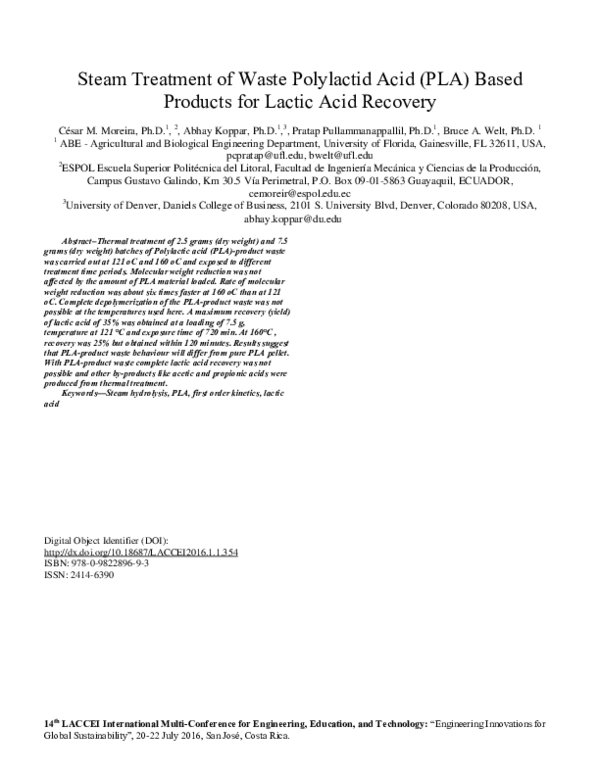 (PDF) Steam treatment of waste Polylactid acid (PLA) based products for ...