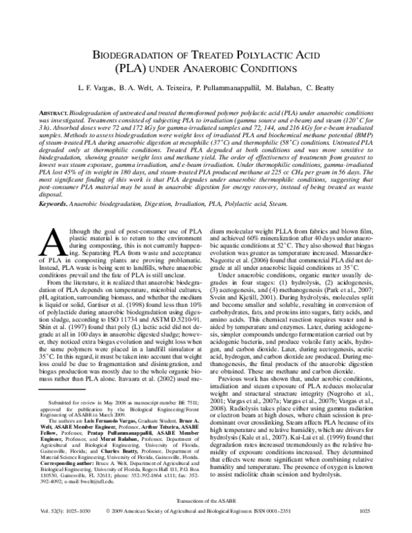 (PDF) Biodegradation of Treated Polylactic Acid (PLA) under Anaerobic ...