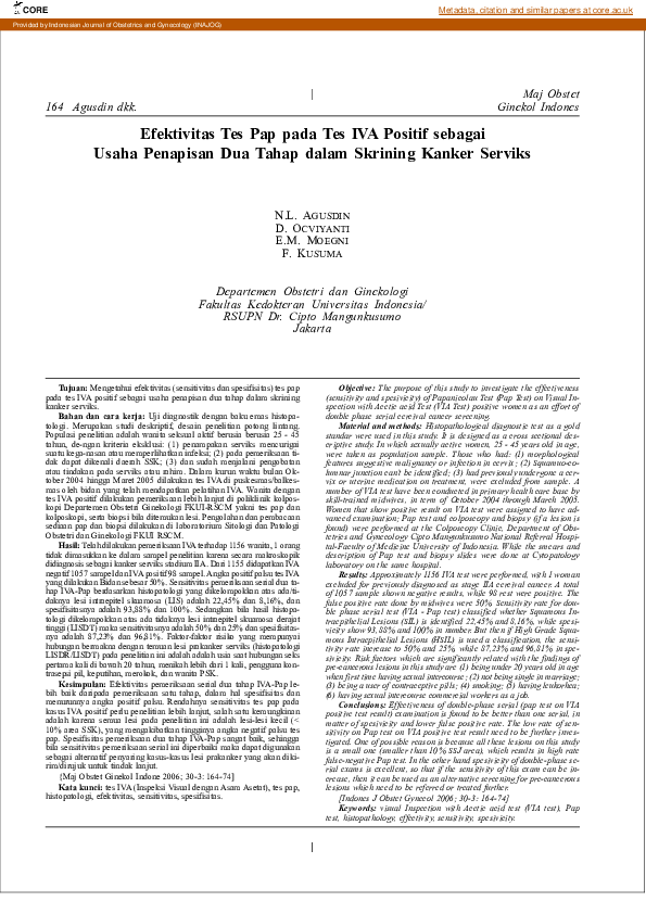 (PDF) Efektivitas tes PAP pada tes IVA positif sebagai usaha penapisan ...